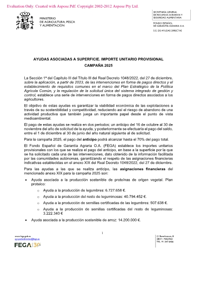 FEGA: Importes provisionales campaña 2025 ayudas asociadas agrícolas